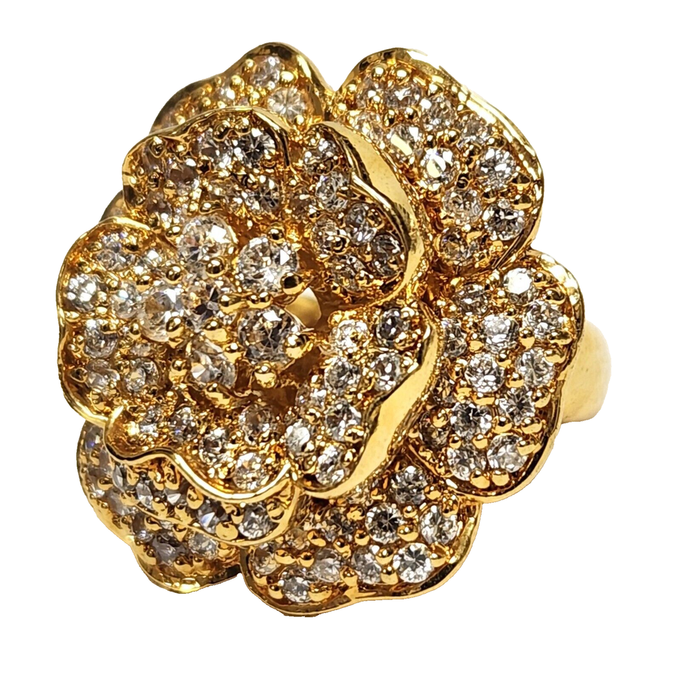 NEW UTC Gold Over 925 Sterling Silver Pave Cubic Zirconia Rose Flower ...