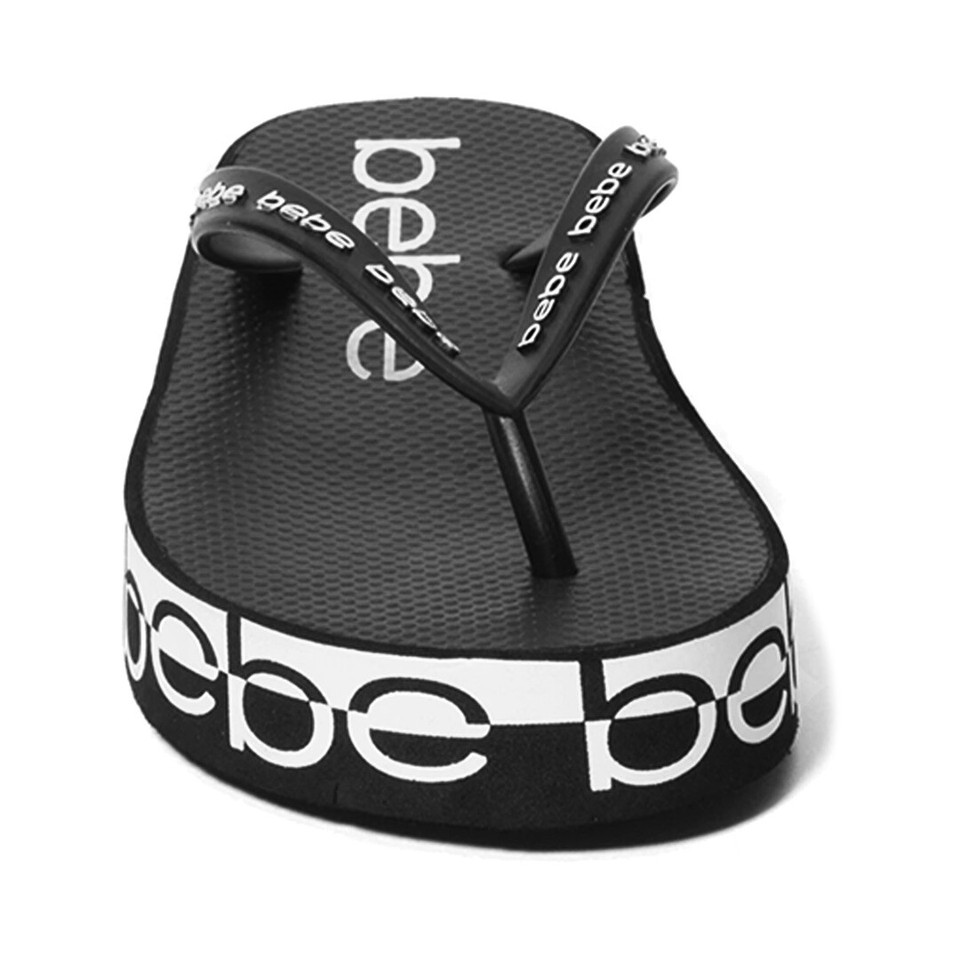 NWT BEBE AUTHENTIC PEGGY WOMEN'S BLACK FLIP FLOPS SLIPPERS PLATFORM ...