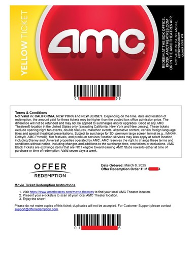 Yellow AMC Ticket | Email delivery | Valid nationwide BUT CA, NY, NJ | eBay