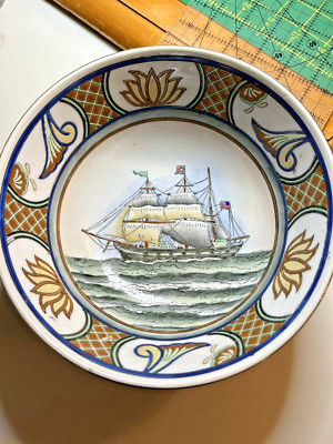 Enameled Porcelain Tall Sailing Ship Nautical Bowl WBI Antique 8 Inch ...