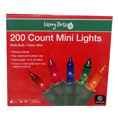 Merry Brite 200 Count Mini Color Lights Green Wire Multi Bulb NEW 41 ft ...