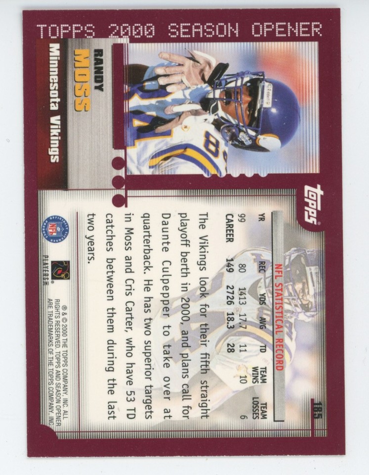 2000 TOPPS FOOTBALL #185 RANDY MOSS MINNESOTA VIKINGS | eBay