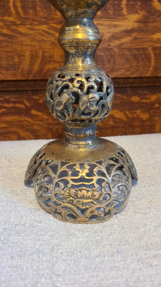 Vtg Ornate Brass Candlestick Holder Large Heavy Filigree Pierced Design ...