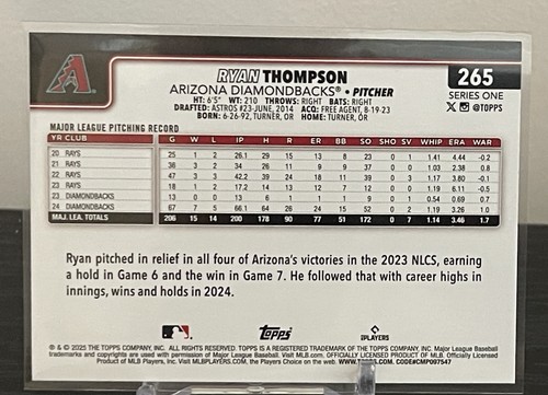 Ryan Thompson Rainbow Foil 2025 Topps Series 1 #265 Arizona ...