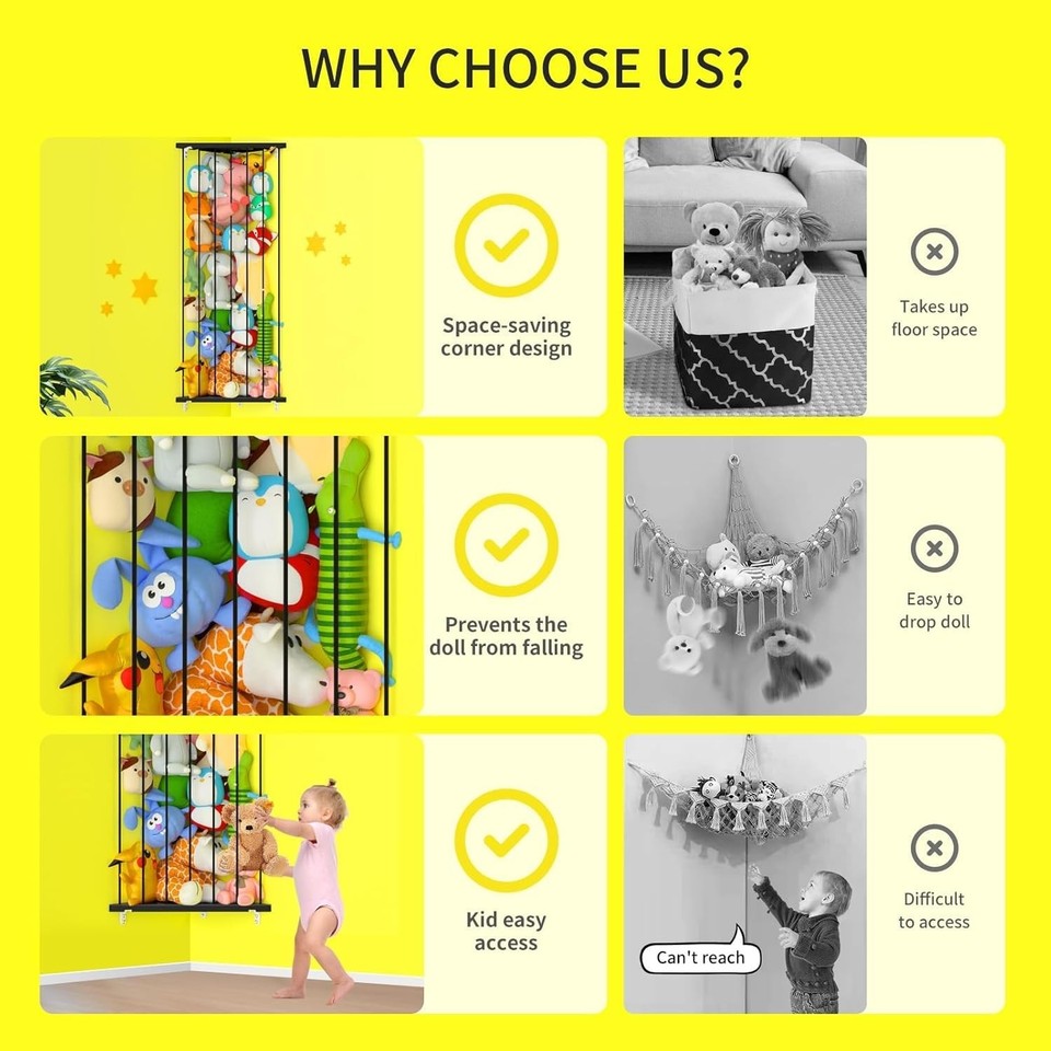 Corner Stuffed Animal Storage Net - Stuffed Animals Holder with Lights ...