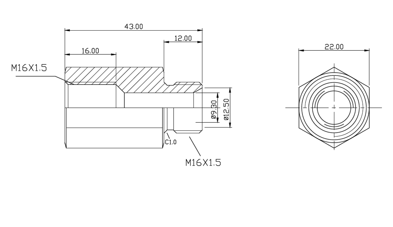 Steel Adaptor M16 x 1.5 Female to M16x1.5 Male Fittings HEX 22 L=43mm/1 ...