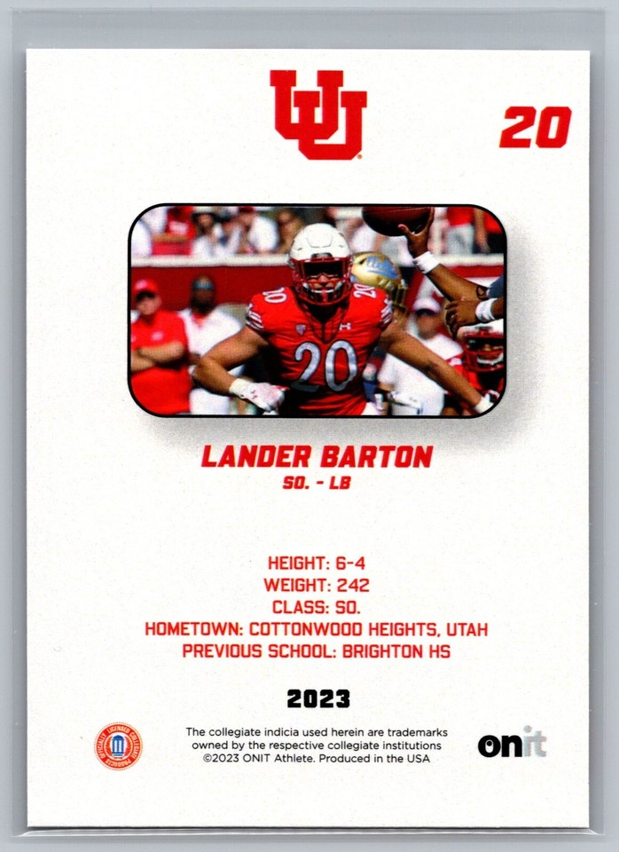 Lander Barton 2023 ONIT University of Utah Utes WHITE #72 Football Card ...