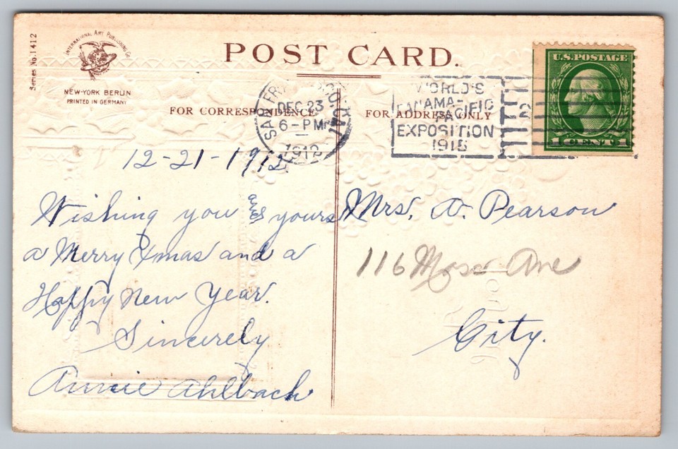 Postcard: Christmas, Embossed, Intl. Art Pub. Co., No 1412, Posted 1912 ...
