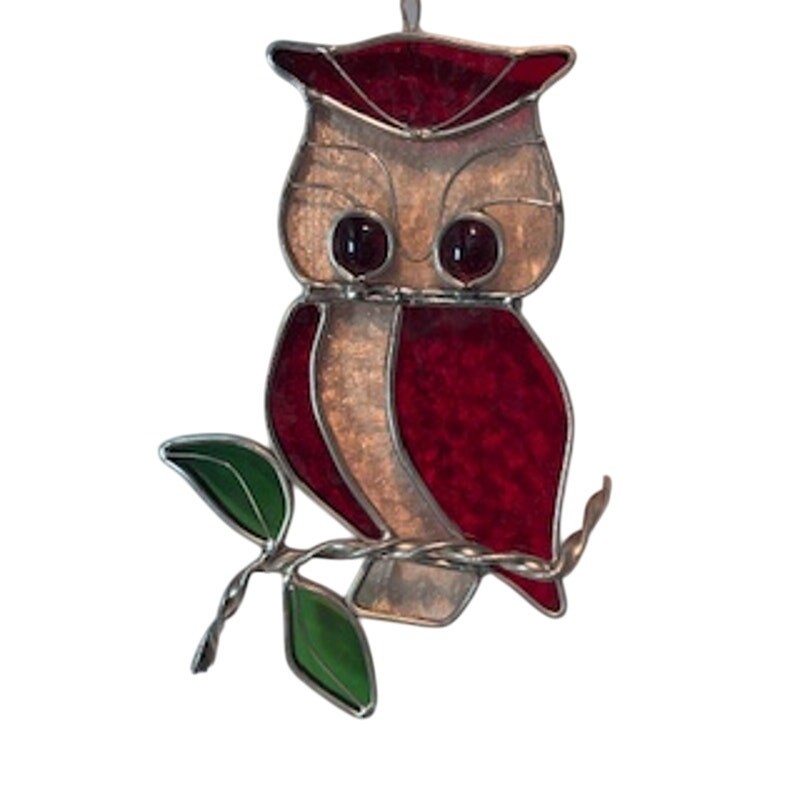 Vintage Owl Stained Glass Sun Catchers Red Silver Green 8"x5" Home ...