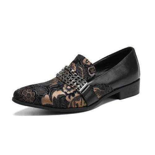 Men's Pointy Toe Floral Chain Metal Decor Leather Business Slip On ...