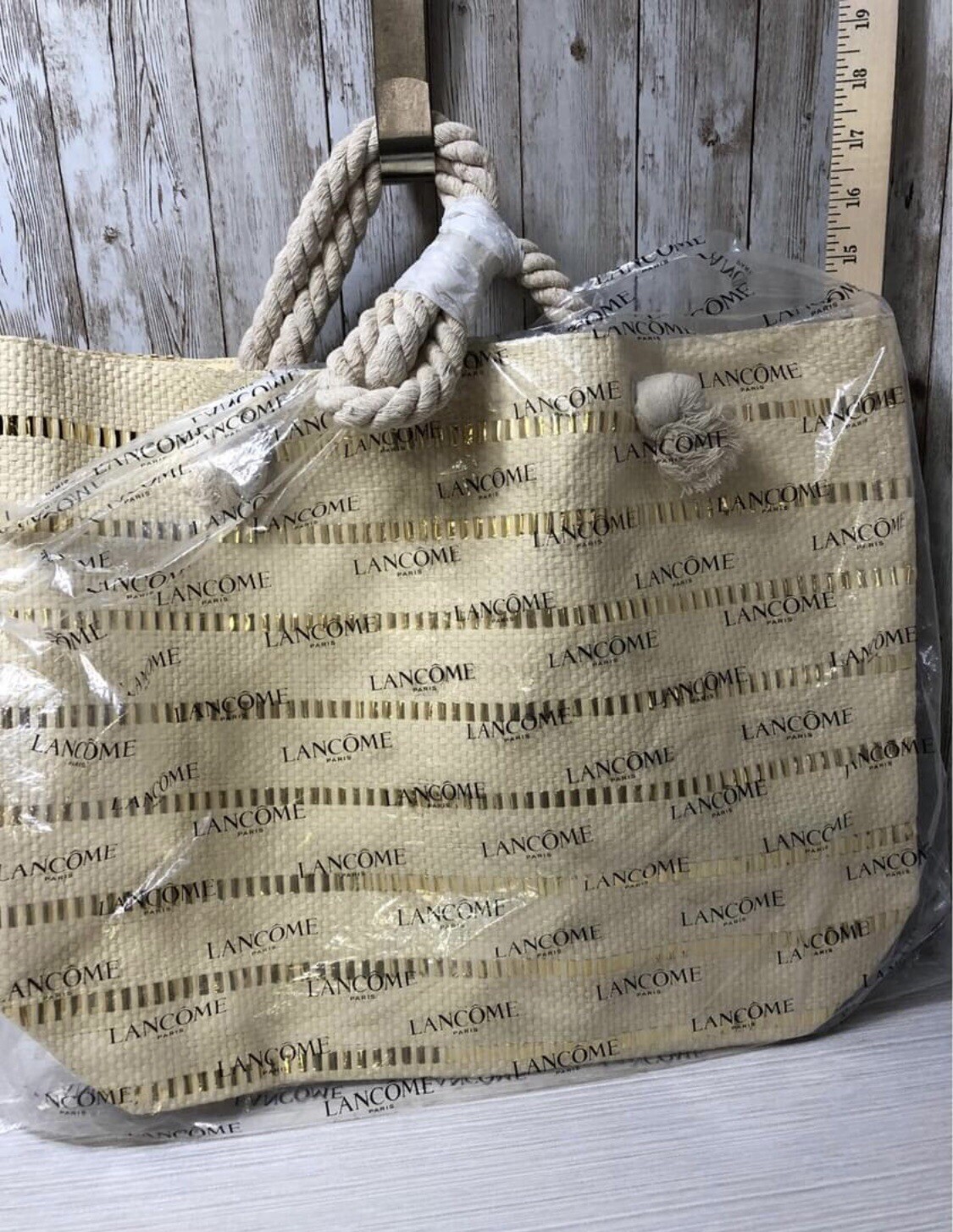 NEW Lancome Large Tote Shopping Bag LINEN GOLD STRIPE 14”x14”x5” Free ...
