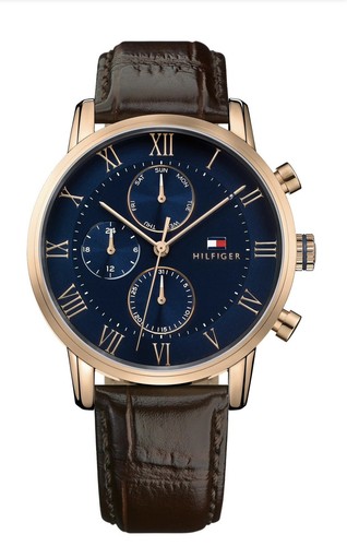 NEW GENUINE TOMMY HILFIGER 1791399 KANE BLUE DIAL LEATHER BROWN STRAP ...