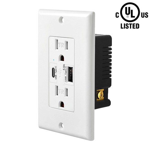 5.8Amp USB Type C Wall Outlet Dual High Speed Receptacle Smart Chip TR ...