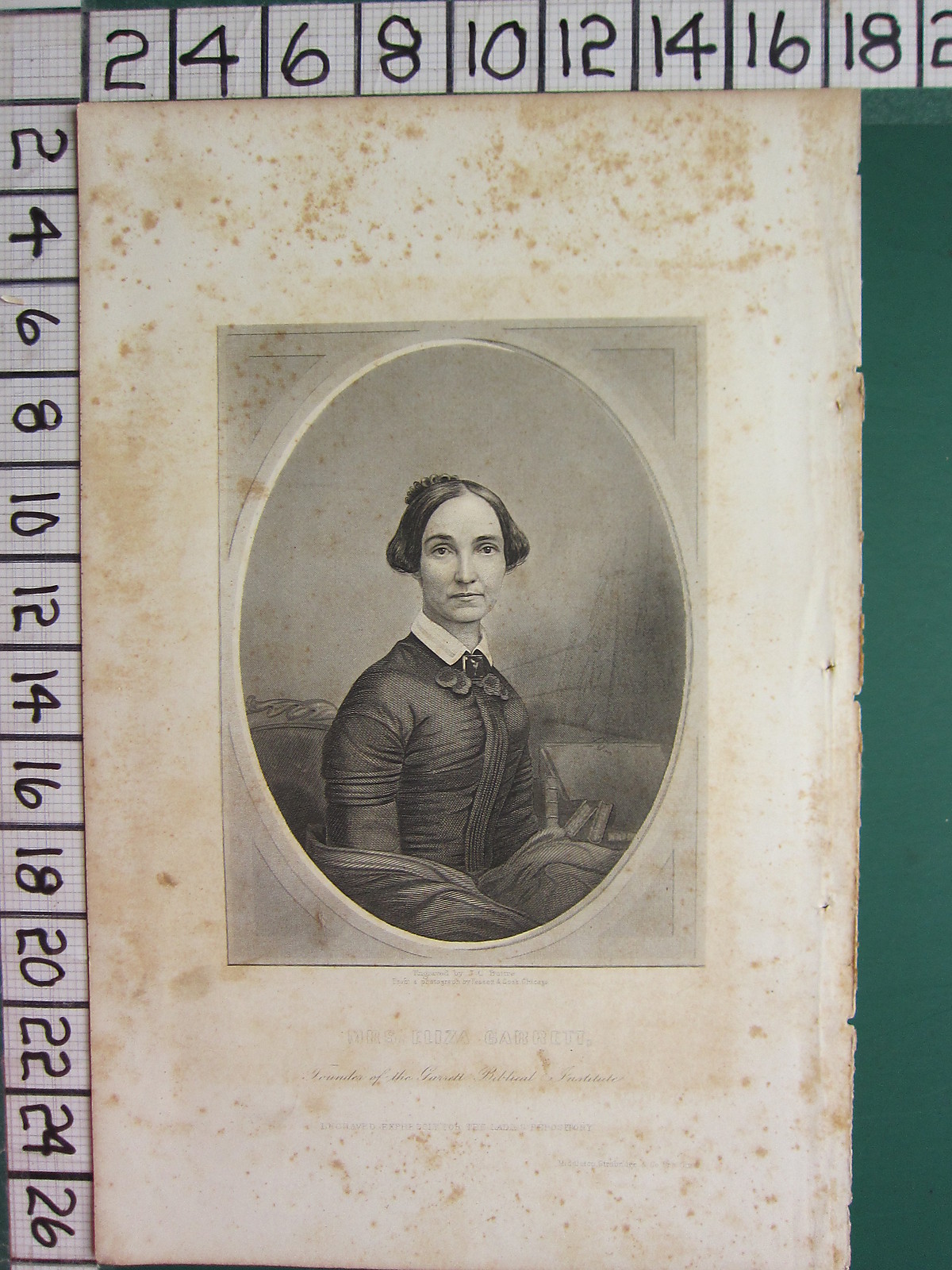 c1880 ANTIQUE PRINT MRS ELIZA GARRETT FOUNDER OF THE GARRETT BIBLICAL ...