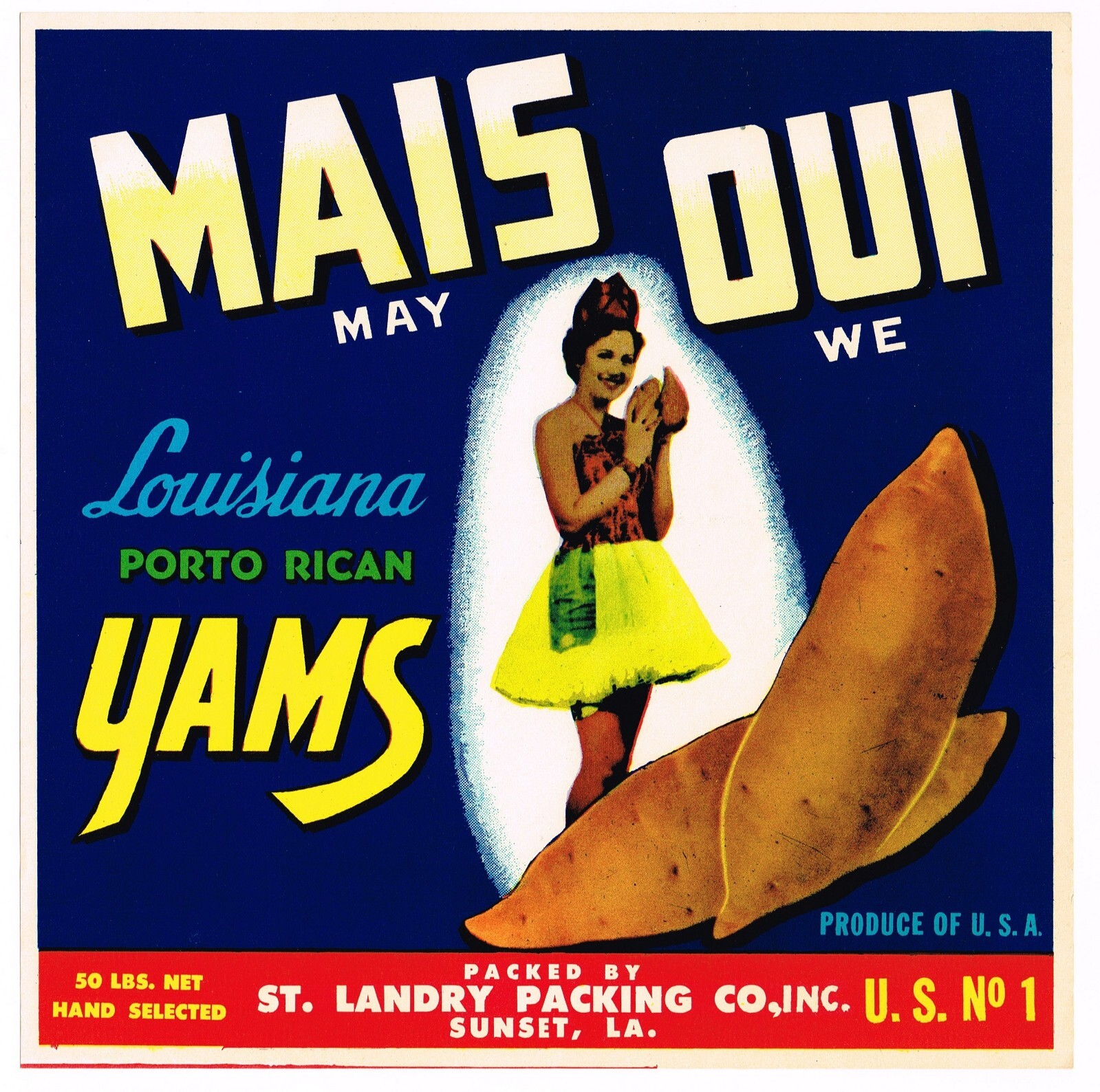 ORIGINAL YAM CRATE LABEL SUNSET LOUISIANA C1950S VINTAGE MAIS OUI "MAY ...