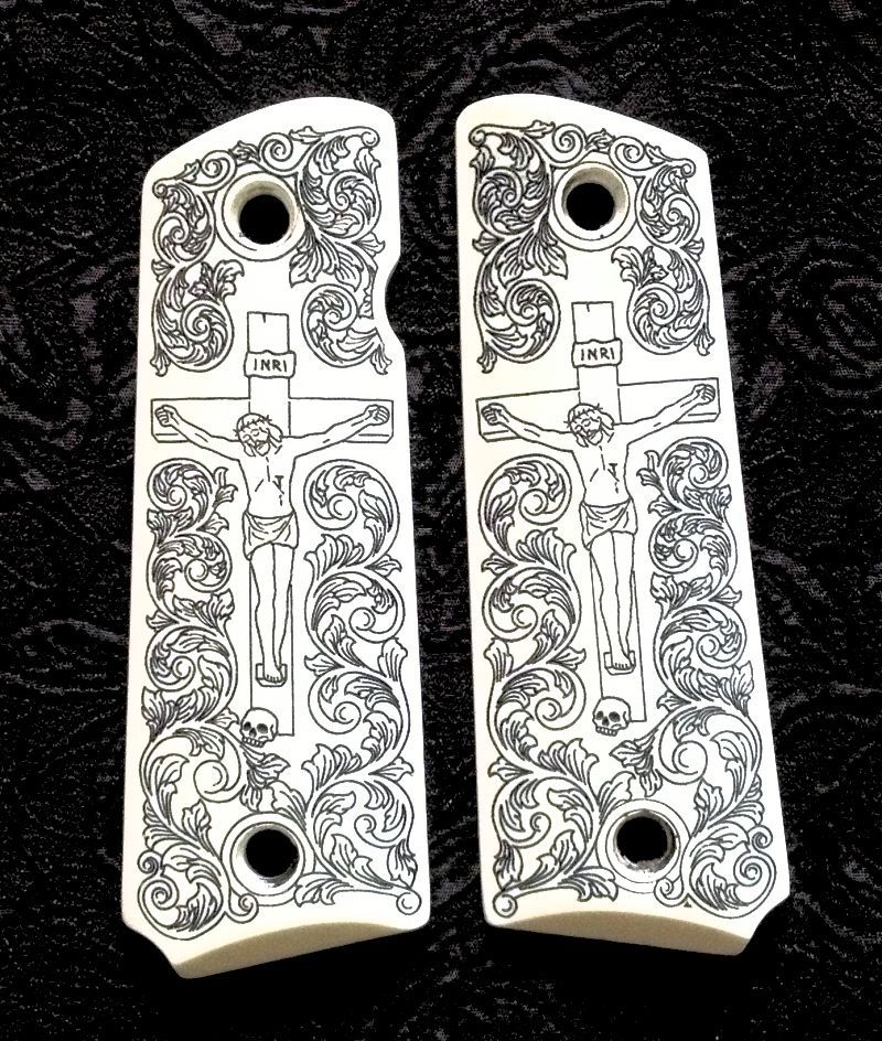 Colt 1911 custom imitation ivory grips Christian Cross Jesus Crucifix ...