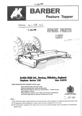 Kidd Barber Pasture Topper Parts Manual with Temp Operators ...