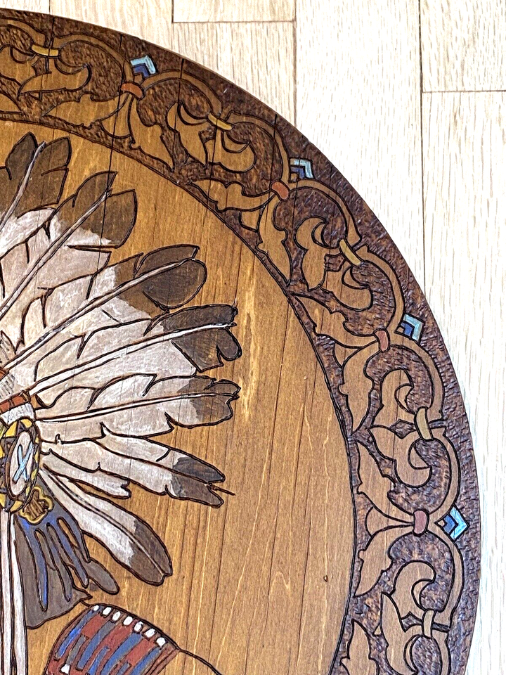 Massive Antique Pyrography Flemish Art 18" Plaque Native American Date ...