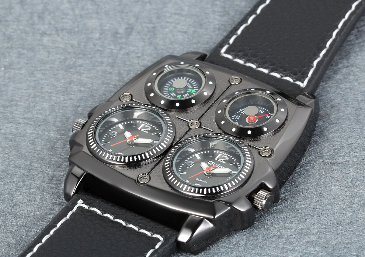 Military Army Dual Time Zones Movements Quartz Watch Black Leather ...