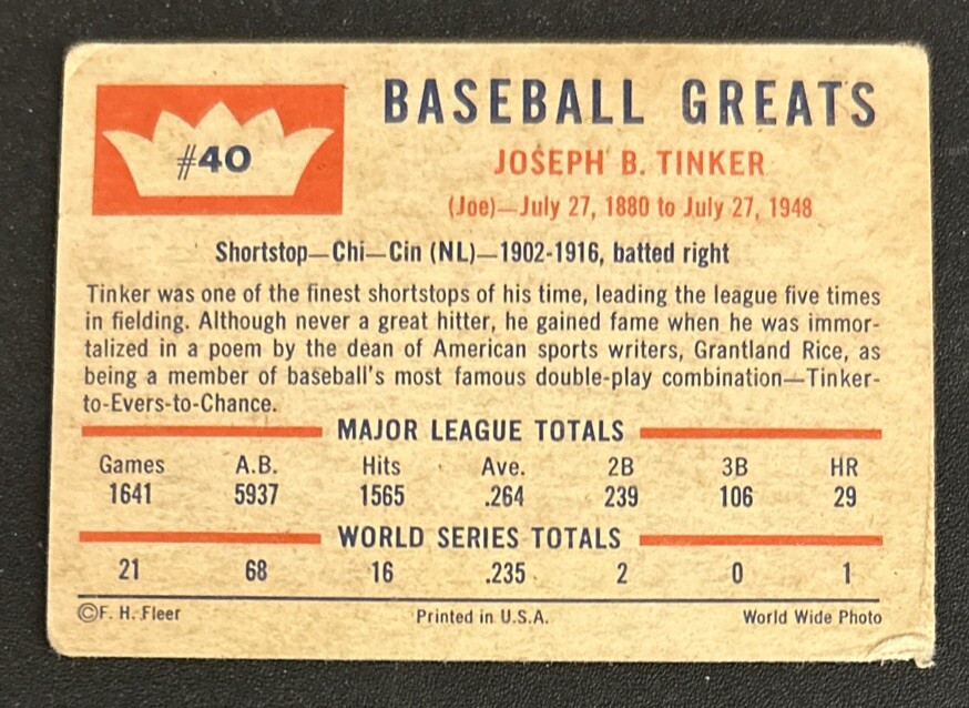 1960 Fleer Baseball Greats Joe Tinker Card #40 Cubs Reds Shortstop Low ...