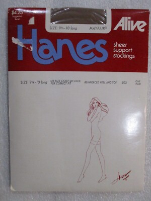 1PR VINTAGE HANES ALIVE RHT SUPPORT SHEER NYLON STOCKINGS 9 1/2-10 LONG ...