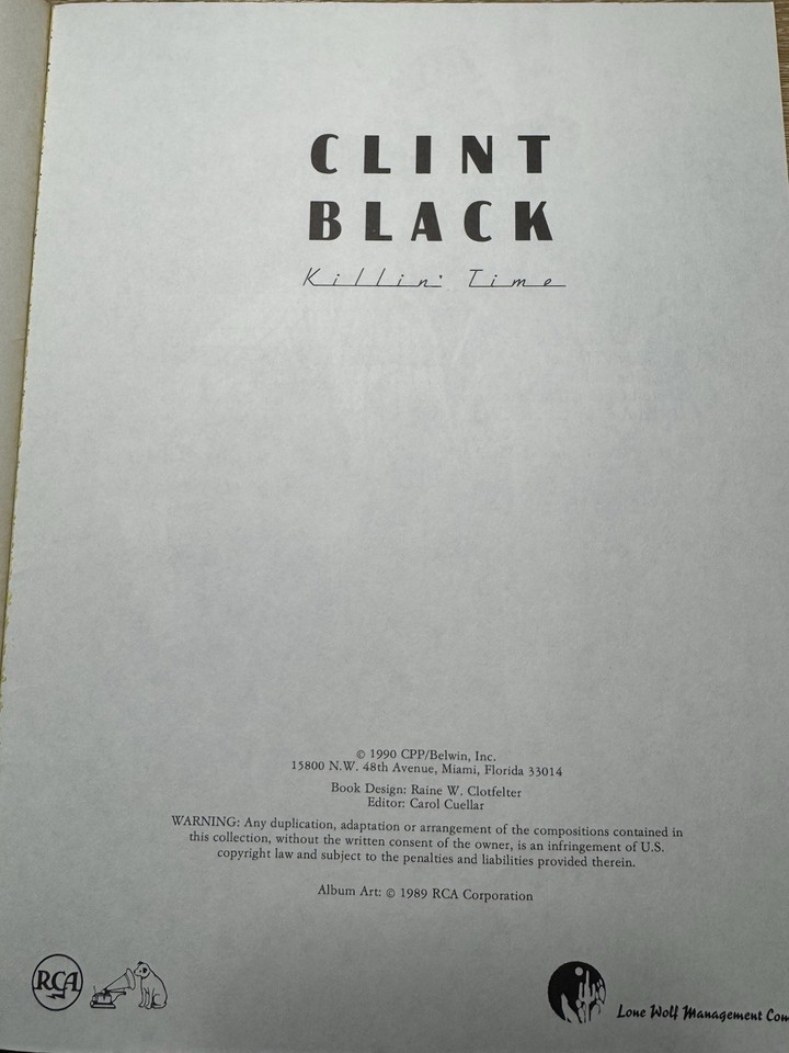 Clint Black Killing Time Song Book 1989 Piano Vocal Chords | eBay