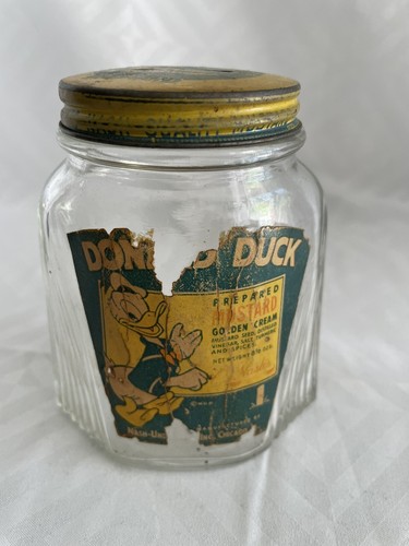 RARE VINTAGE DONALD DUCK BANK PREPARED MUSTARD JAR w/ LABEL & LID NASH ...