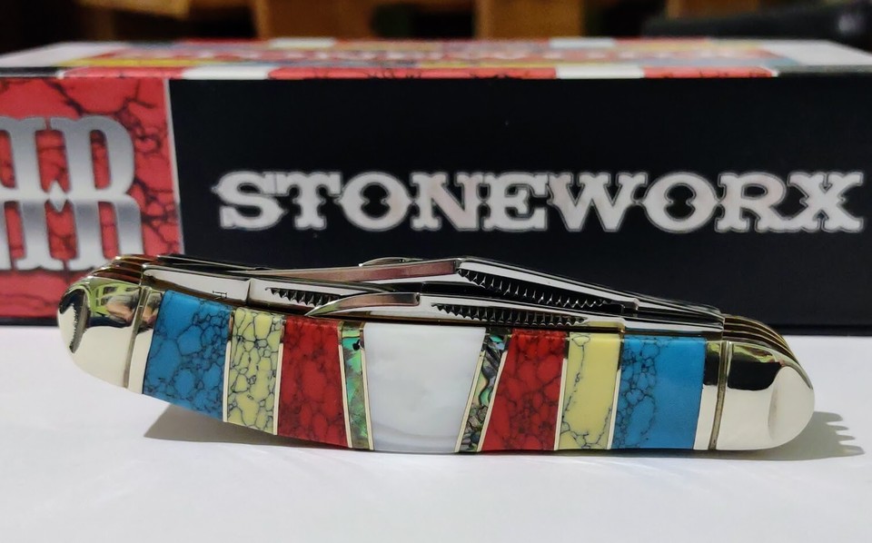 5 BLADE M.O.P. ABALONE TURQUOISE STONEWORX HUNTING POCKET KNIFE W/ DIS CASE !!! | eBay