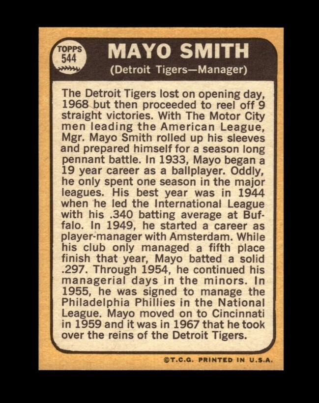 1968 Topps Set-Break #544 Mayo Smith NM-MT OR BETTER *GMCARDS* | eBay
