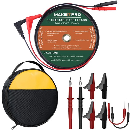 Retractable Test Leads 2 Wires 30FT 18AWG 10 in 1 Kit with Cable Bag ...