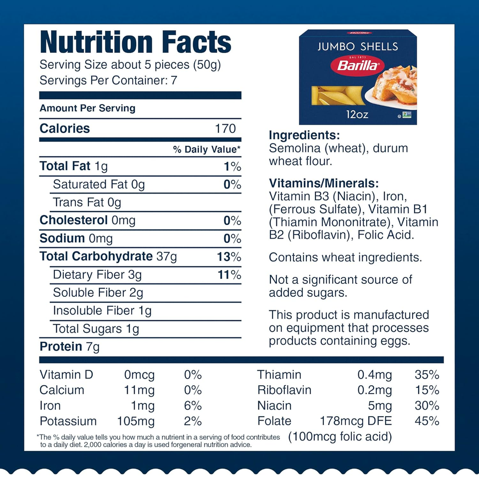 Barilla Jumbo Shells Pasta, 12 Oz. Box (Pack of 12) - Non-Gmo, Made ...