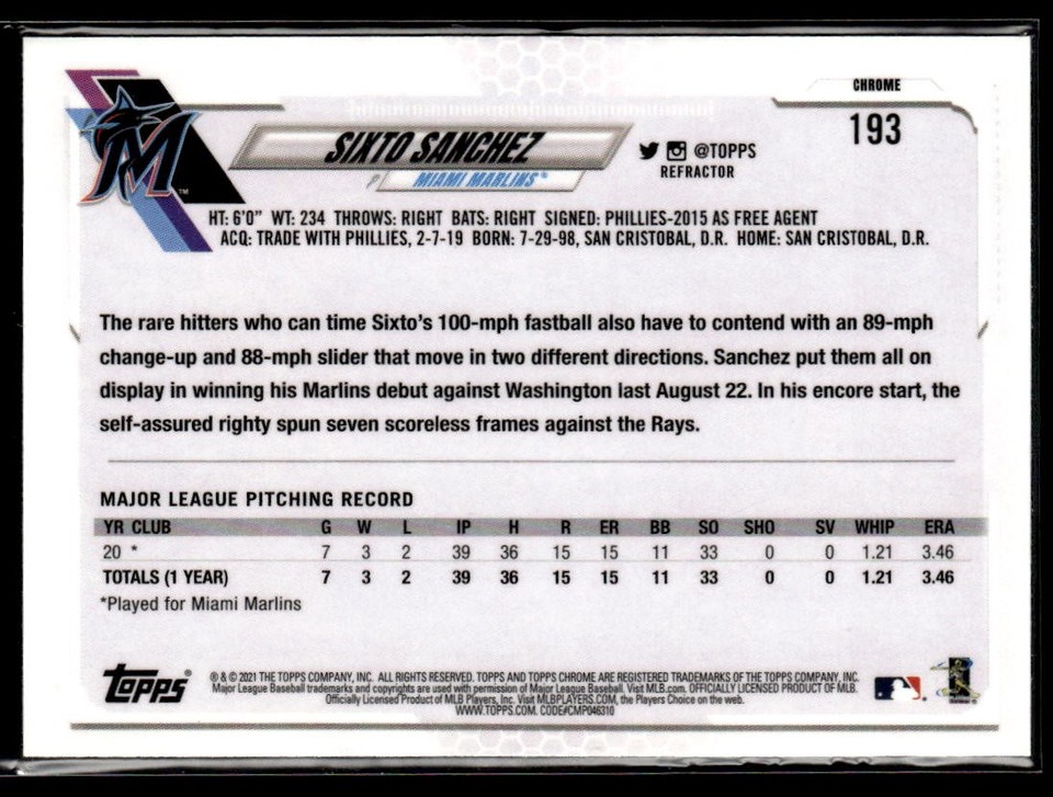 2021 Topps Chrome #193 Sixto Sanchez Refractor Baseball Card 2002C | eBay