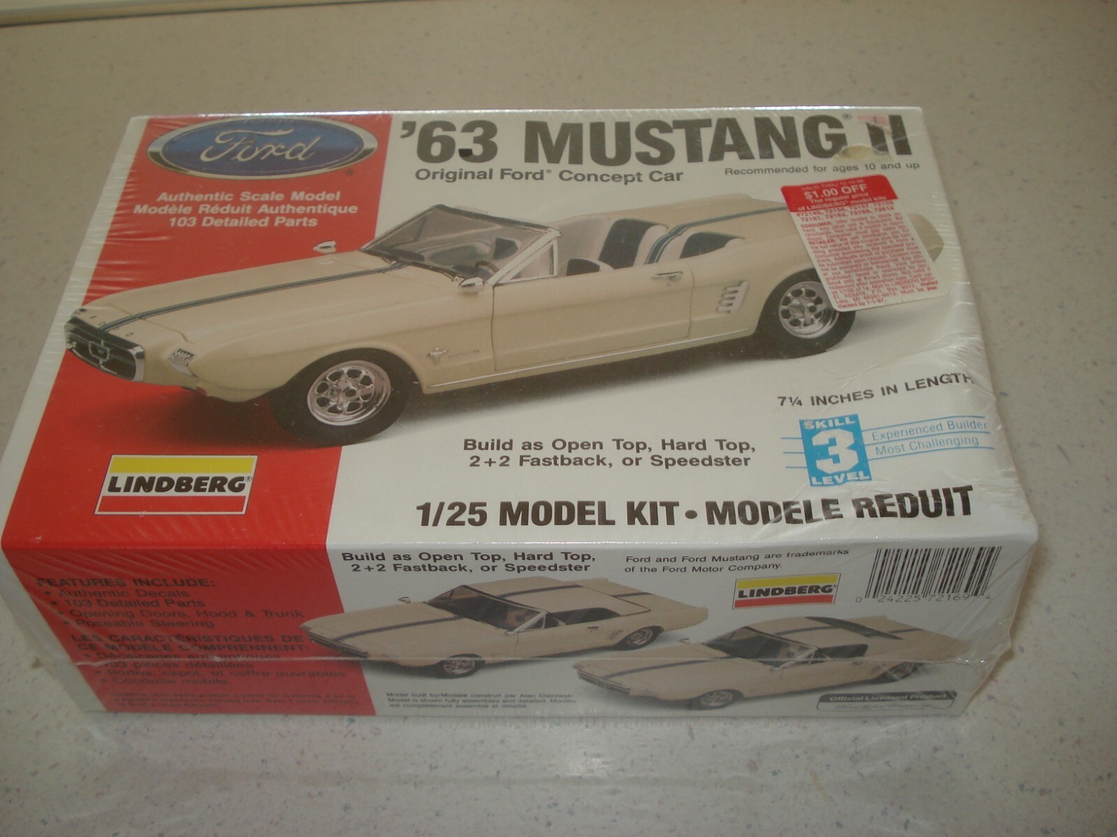 1995 Lindberg '63 Ford Mustang II Model Kit #72169 1:25 Skill 3 Level ...