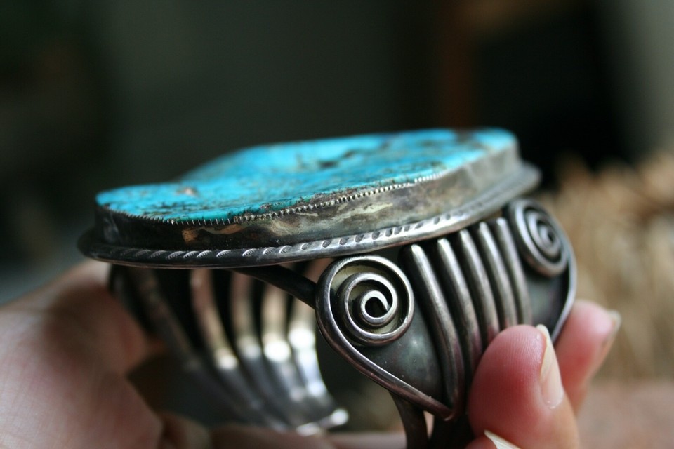 Vintage Native American Museum Gem Quality Turquoise Slab Sterling Cuff ...