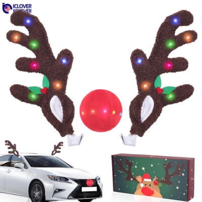 LED Car Reindeer Antlers And Red Nose Christmas Decoration Auto Rudolph ...