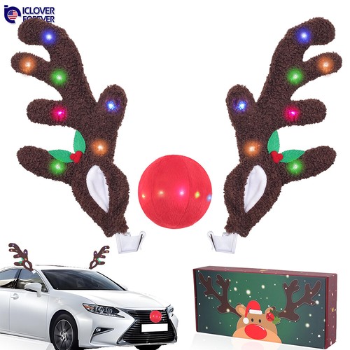 LED Car Reindeer Antlers And Red Nose Christmas Decoration Auto Rudolph ...