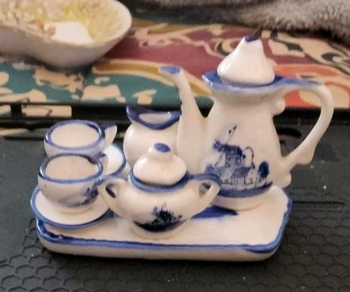 VINTAGE PORCELAIN DELFT MINIATURE TEA SET IN BOX WINDMILL 10 PIECES ...