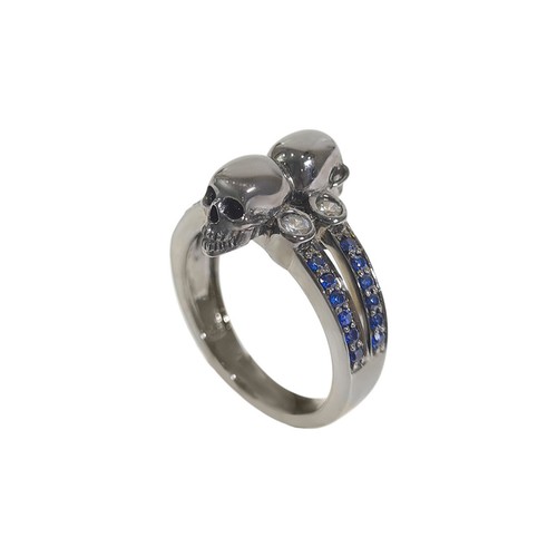 Skull Engagement Ring Gothic Created Blue Sapphire Gun Metal Finish Us ...