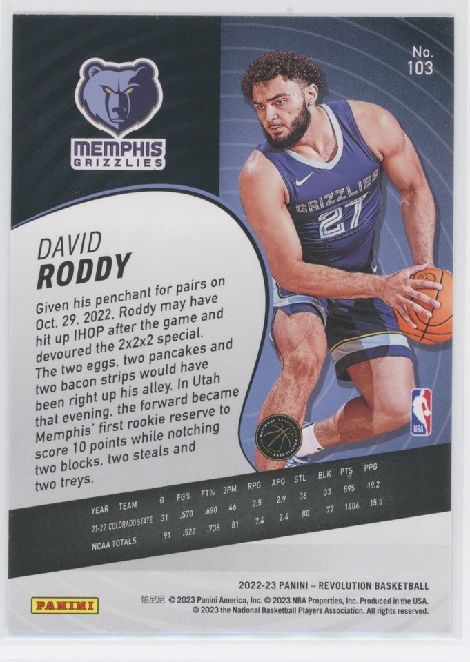 DAVID RODDY 2022-23 PANINI REVOLUTION ROOKIE #103 GRIZZLIES RC QTY | eBay
