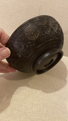 Antique Carved Coconut Shell Bowl With Carvings Of Precious Objects And ...