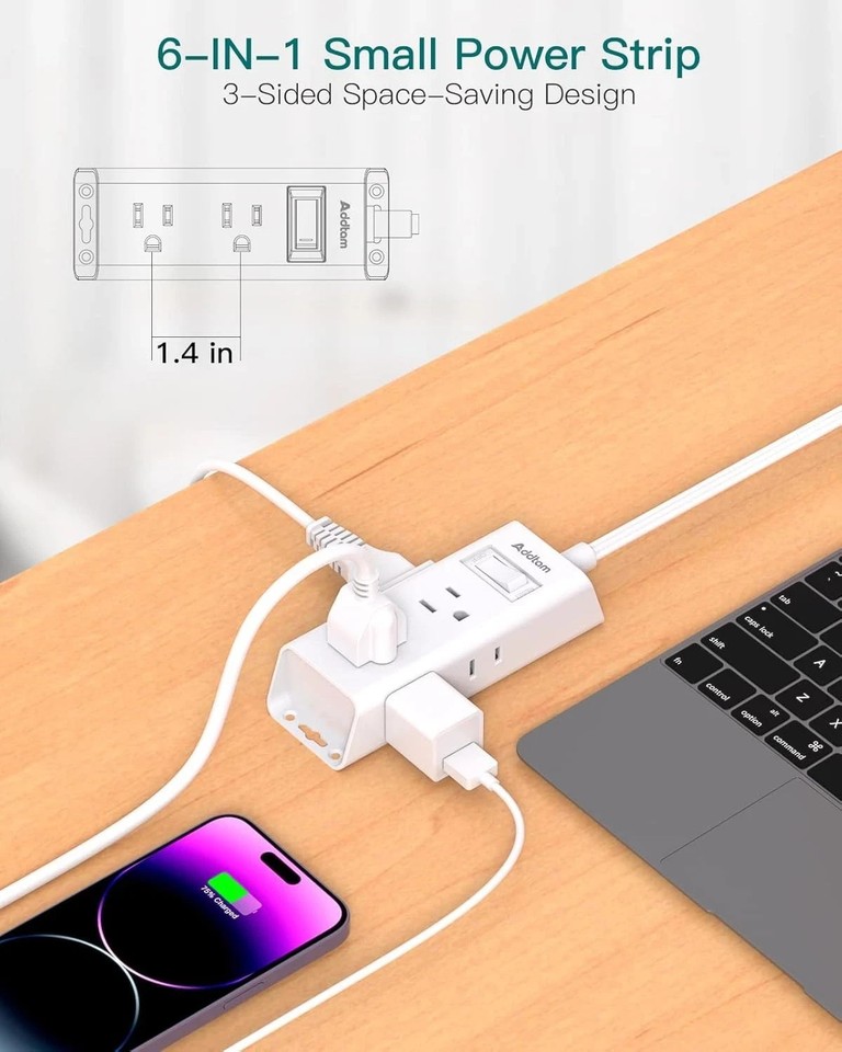 Flat Plug Power Strip, 5 Ft Ultra Flat Extension Cord with 6 Outlets ...
