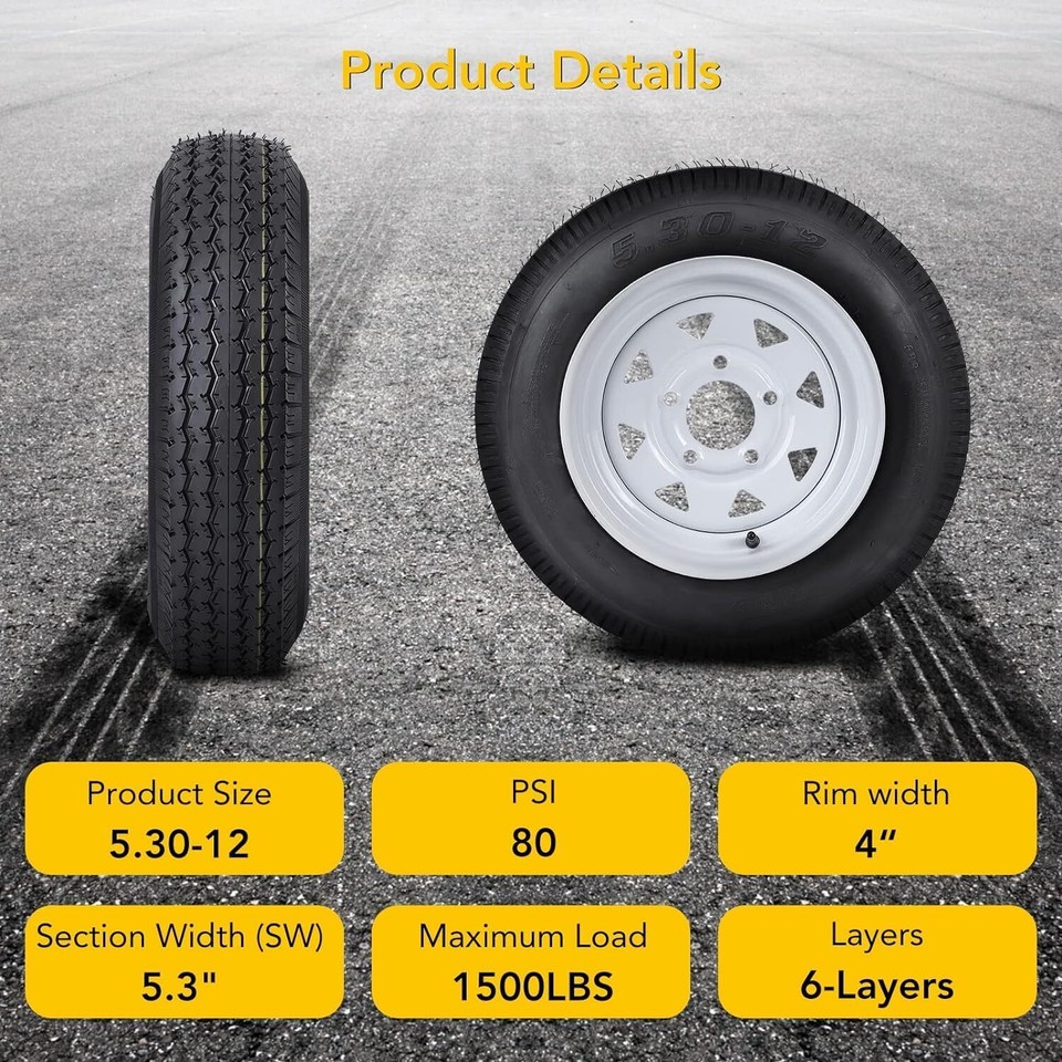 2 PCS 5.30-12 5.30x12 530-12 Trailer Tires Rims 6PR Load Range C ,5 Lug ...