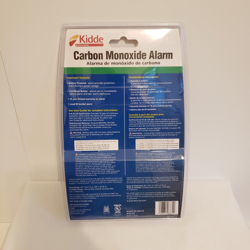 Kidde Carbon Monoxide Alarm Battery Operated CO Detector Monitor 9C05 ...