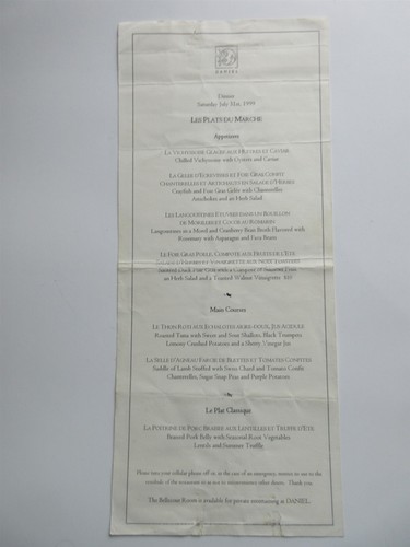 DANIEL July 31, 1999 Menu 65th street at Park Avenue New York City | eBay