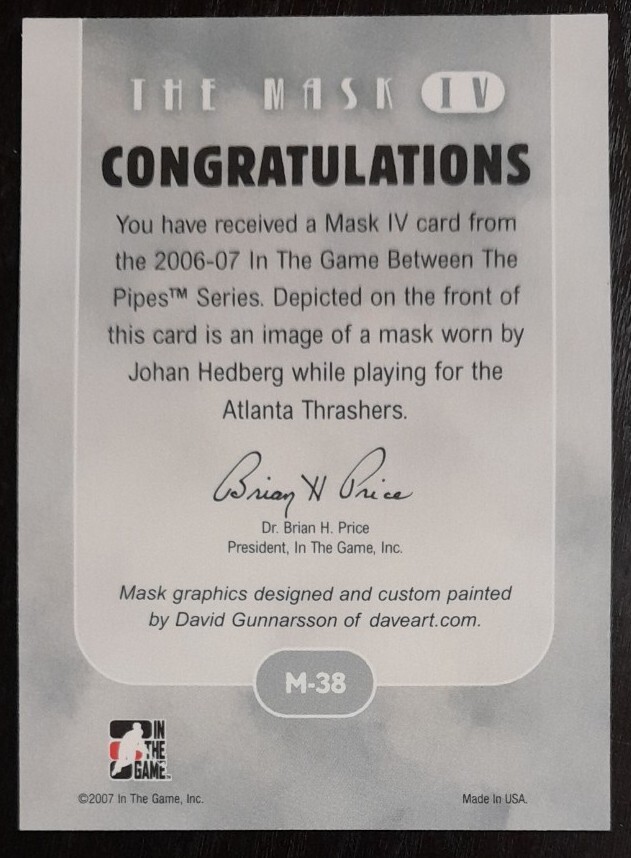 2006 - 2007 ITG Johan Hedberg The Mask IV /100 #M-38 Hockey Card | eBay