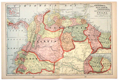 "COLUMBIA, ECUADOR, VENEZUELA, GUIANA" Antique authentic map 1902 | eBay