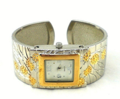 Avon Cuff Watch Two Tone Gold / Silver Tone Ribbed Floral Design Womens ...