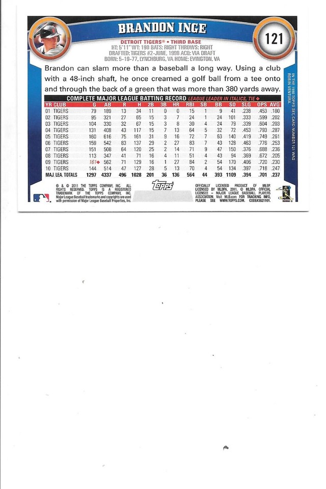 Brandon Inge 2011 Topps Baseball Card #121 Detroit Tigers | eBay