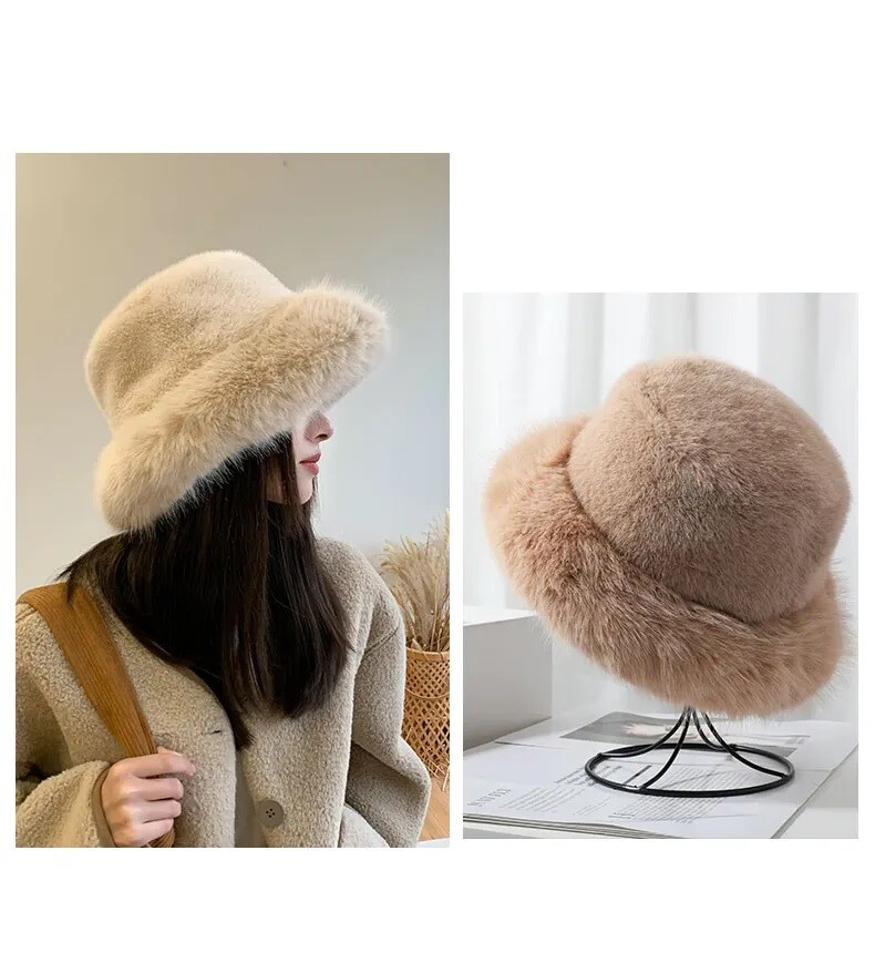 New Big SUPER FLUFFY TRIM thick Faux fur bucket hat women's winter hats ...