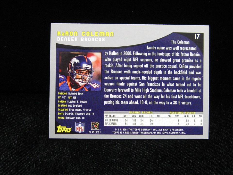 2001 KaRon Coleman Denver Broncos Topps #17 | eBay